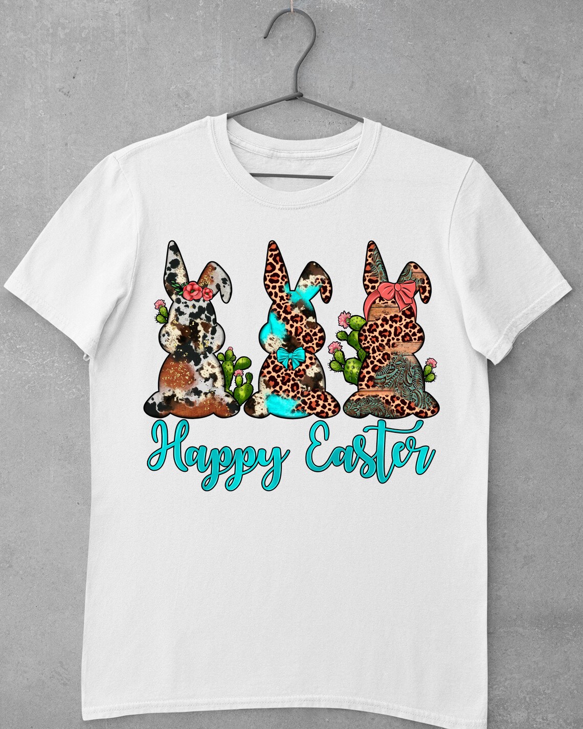 Happy Easter Leopard Cowhide Turquoise Cactus Bunnies Png - Etsy