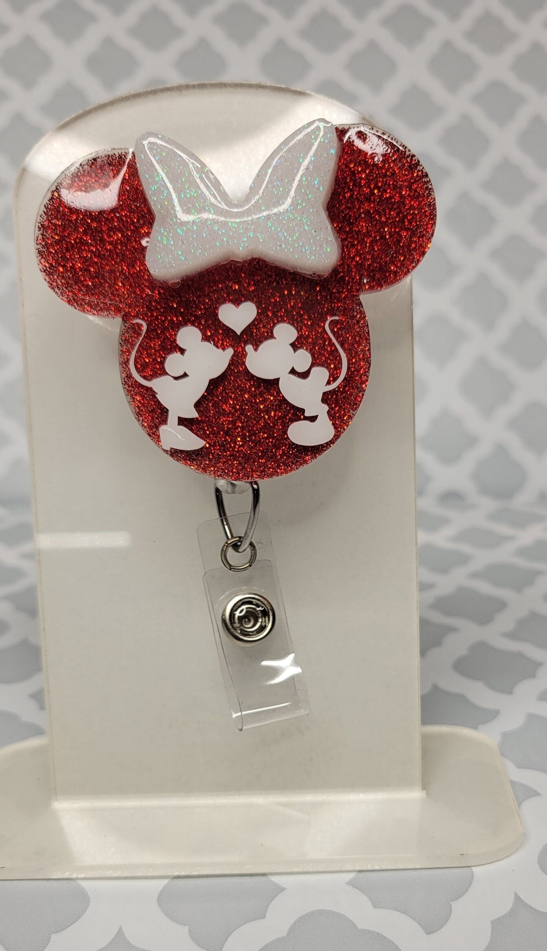 Mouse Couple Badge Reel, Holographic Hearts, Red Badge Reel, Badge Reel ...