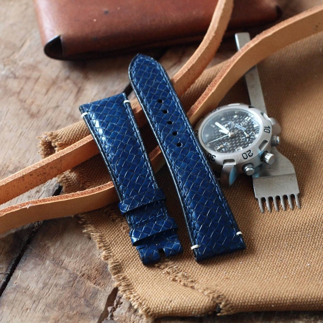 Hand-knitted Leather Watch Strap, Blue Handmade Watch Band, 18mm, 20mm ...