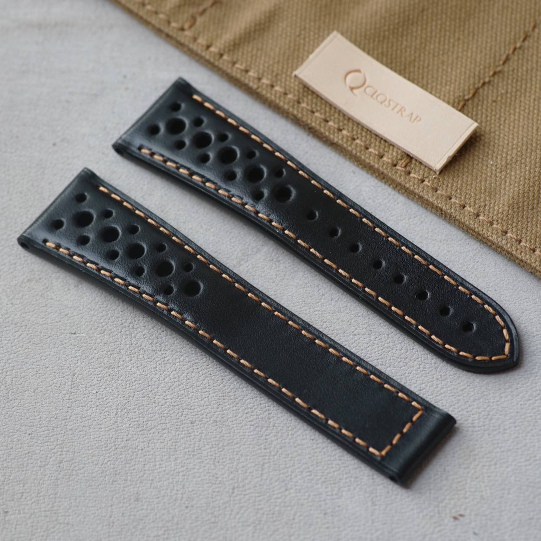 Rally Watch Strap for Omega, Black Leather Watch Strap Handmade, Custom ...