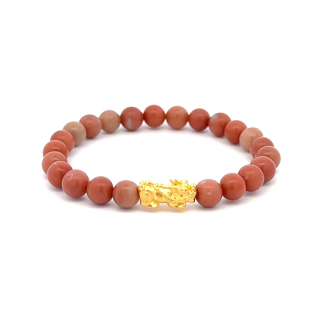 24K Gold Piyao Pixiu Lucky Charm Bracelet Gemstones Jade Indian Red 6mm ...
