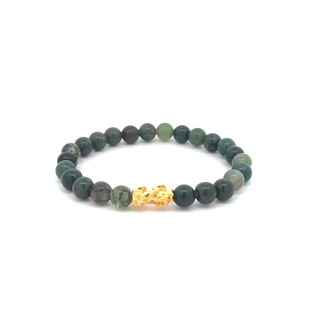 18K Gold Pixiu Piyao Bracelet Elastic Natural Gemstones Moss Agate 6mm ...