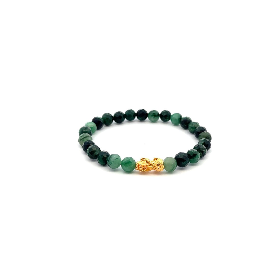 18K Solid Gold Dragon Pixiu Piyao Bracelet Gemstones Emerald May ...