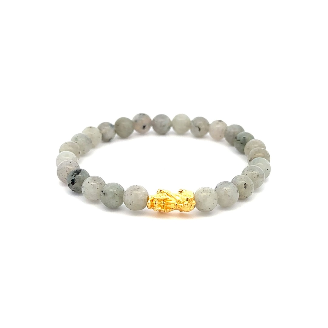 18K Gold Pixiu Piyao Bracelet Elastic Natural Gemstones Labradorite 6mm ...