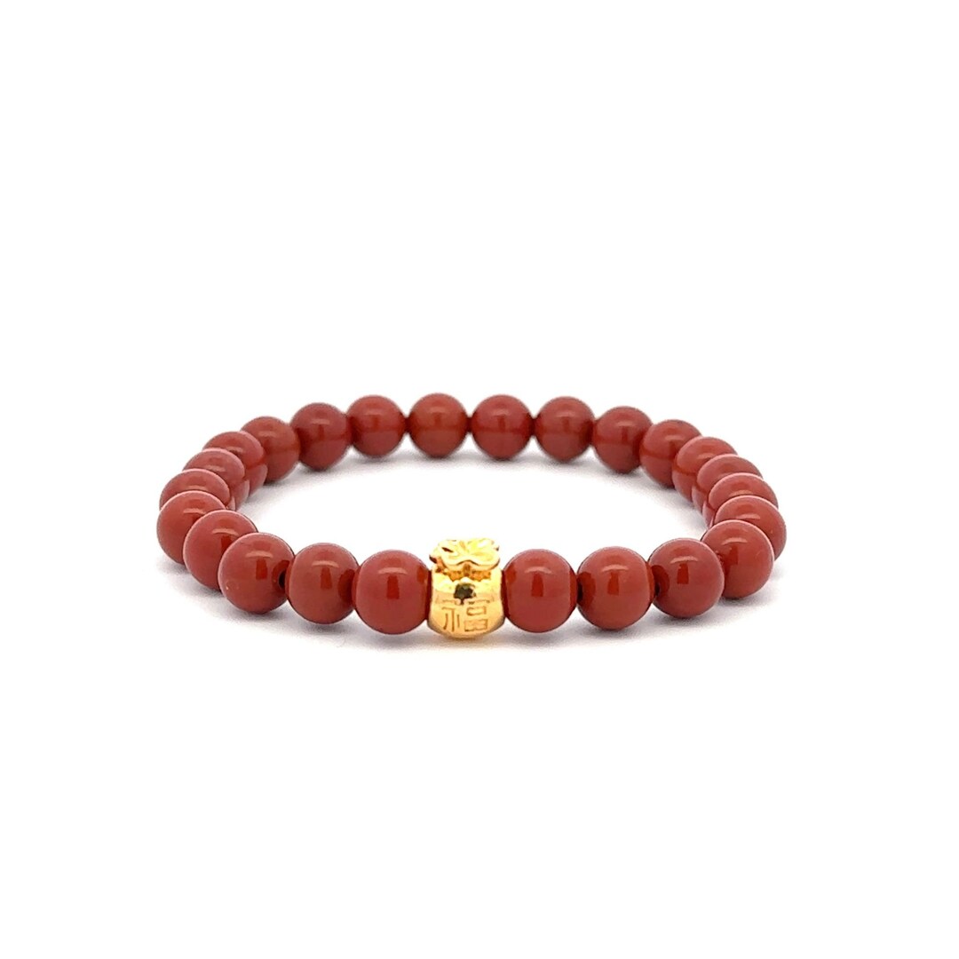 18K Gold Money Bag Red Jasper Gemstones 6mm Lucky Charm Elastic ...