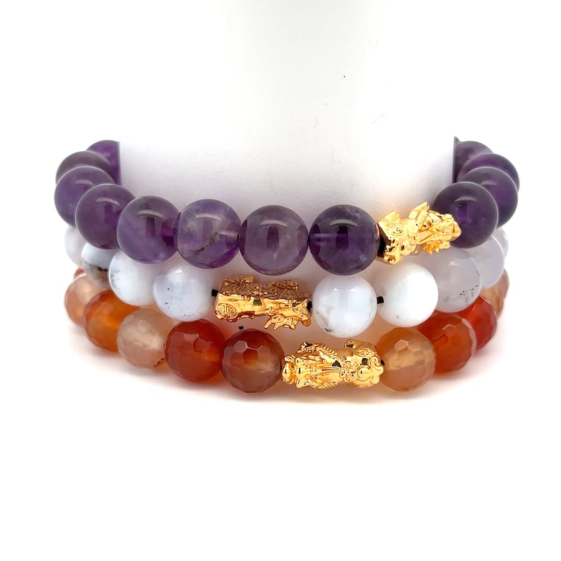 Real 18K Gold Pixiu Piyao Bracelet Natural Gemstones Birthstones Wealth ...