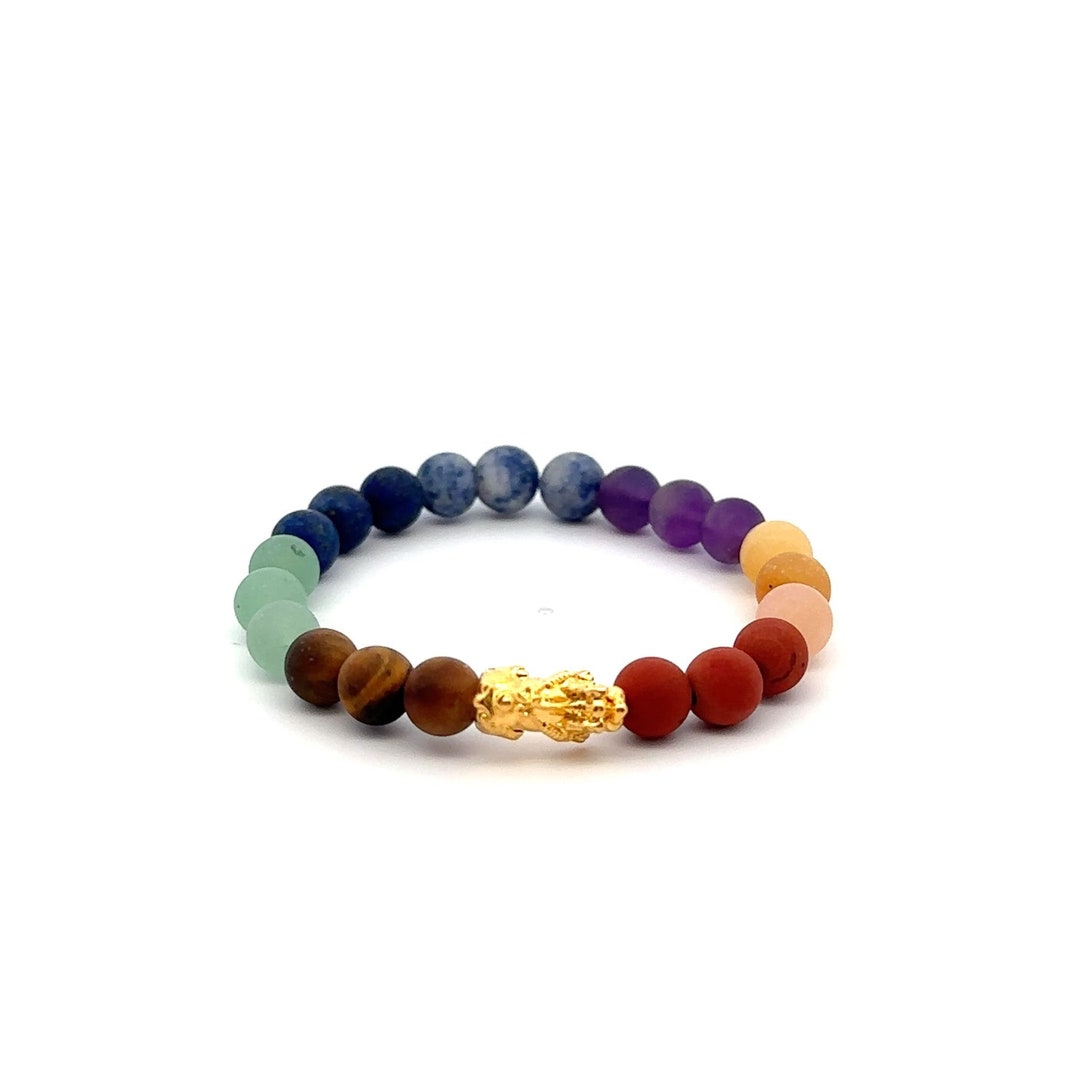 18K Gold Piyao Pixiu Dragon Lucky Charm Bracelet Gemstones Matte Chakra ...