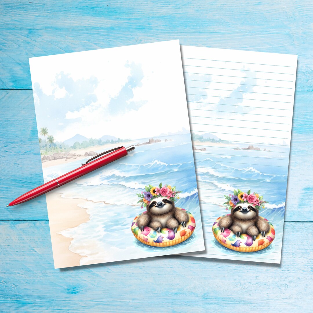 Beach Sloth A5 Letter Writing Paper, Pen Pal Supplies, Stationery Lined ...