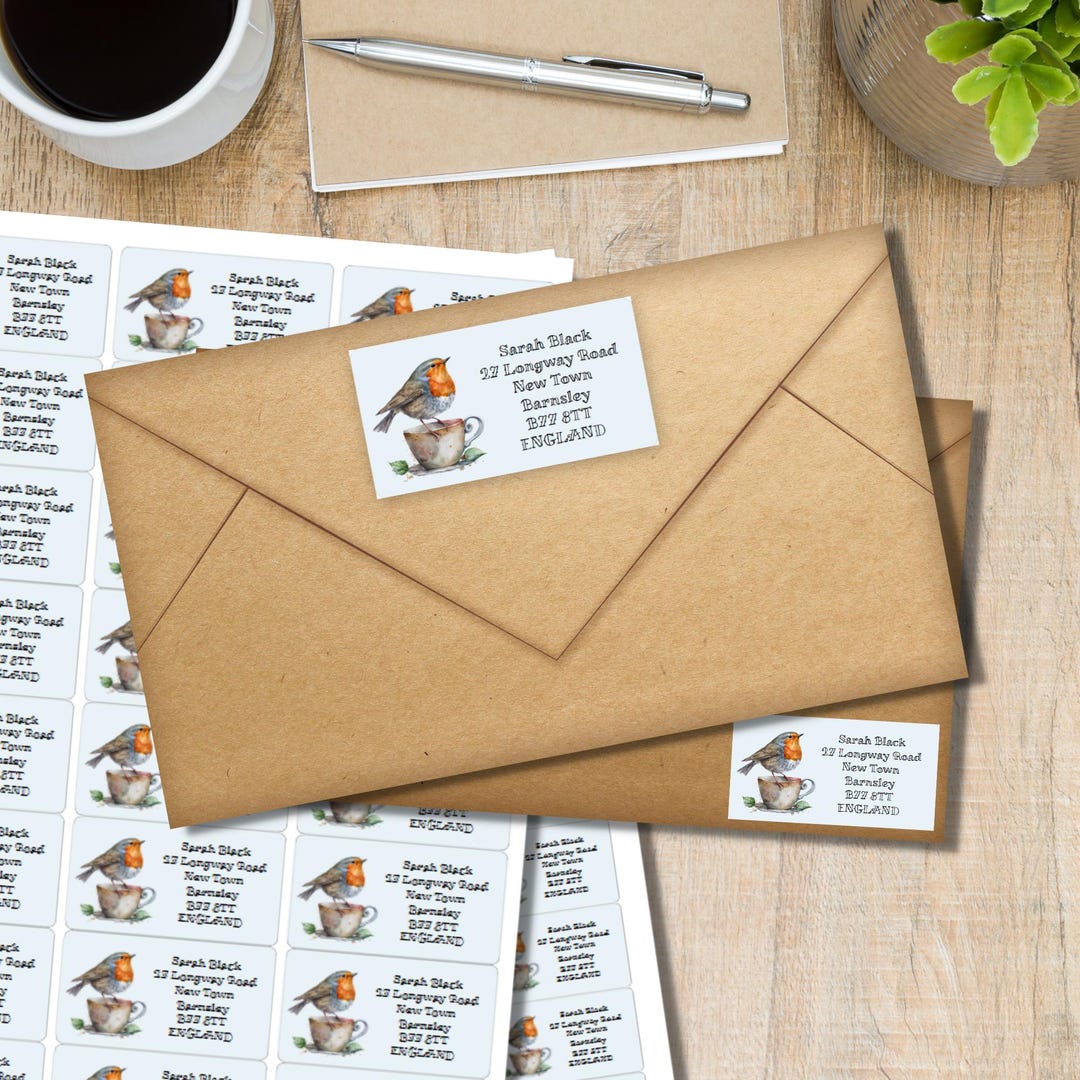 Teacup Robin Return Address Labels, 24 or 40 Self Adhesive Labels per ...