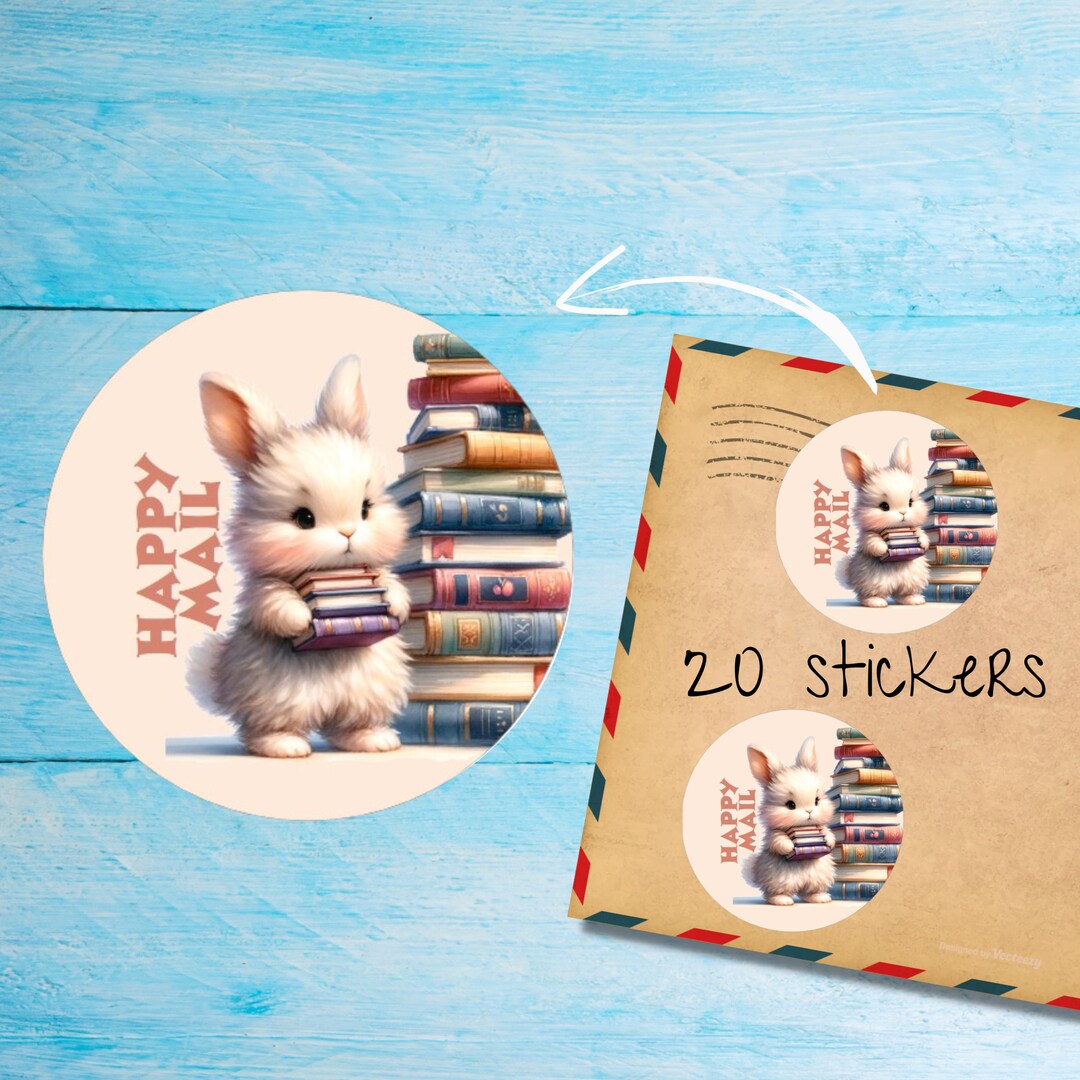 Book Bunny Stickers, Pack of 20 Individually Cut Round Matte, Cute ...