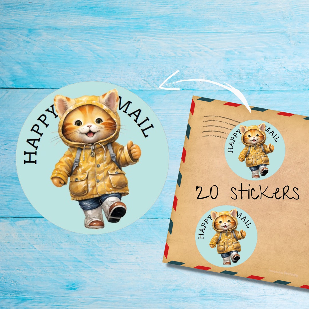 Raincoat Cats Stickers Pack, Individually Cut Round Matte Envelope ...