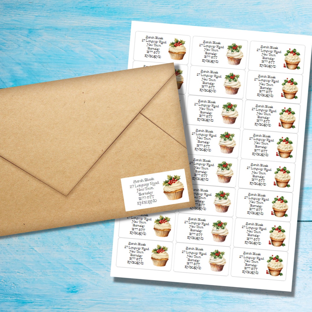 Holly Frosted Cupcakes Adhesive Return Address Labels, 24 Labels per ...