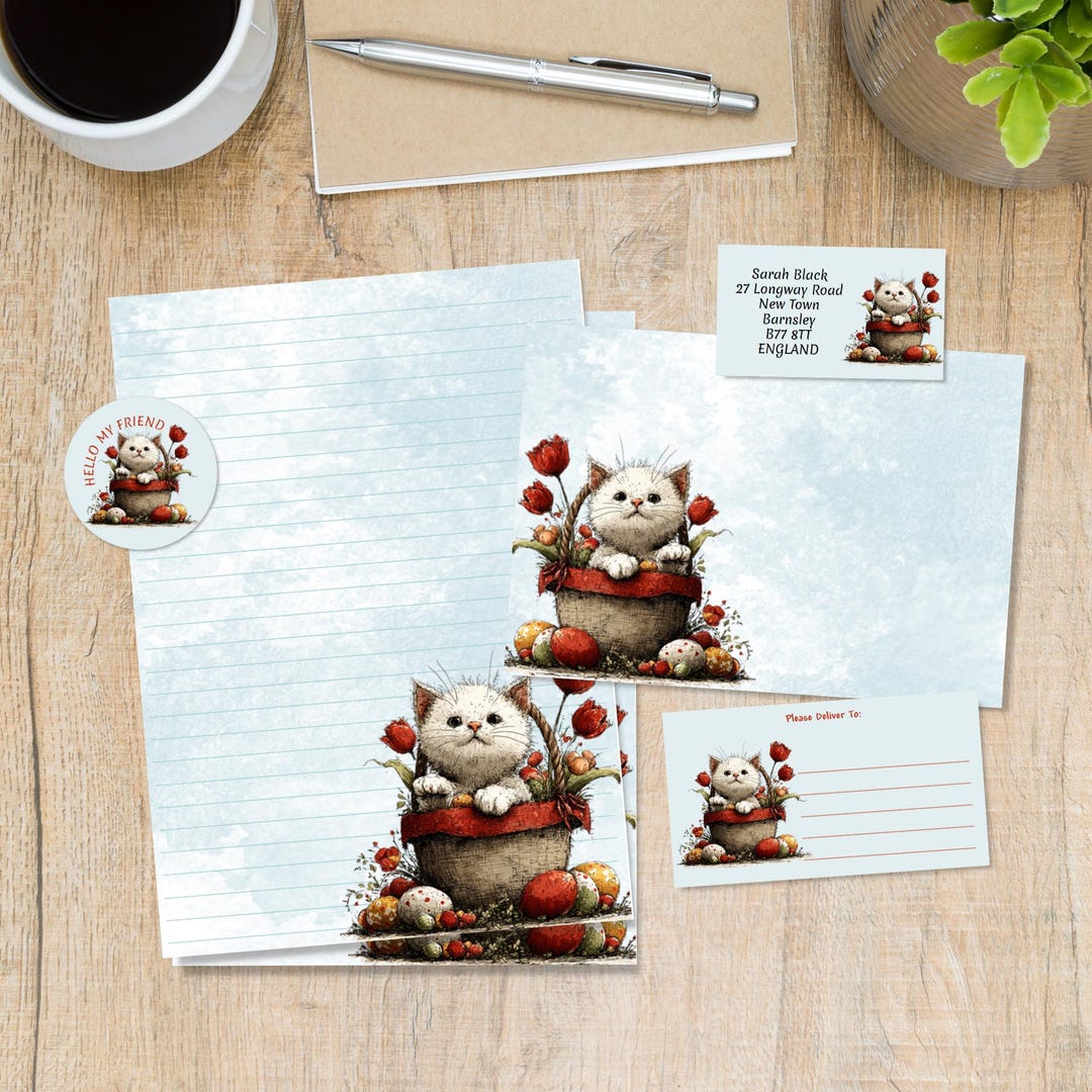 Kitty in Basket Pen Pal Kit, Stationery Letter Writing Paper Complete ...