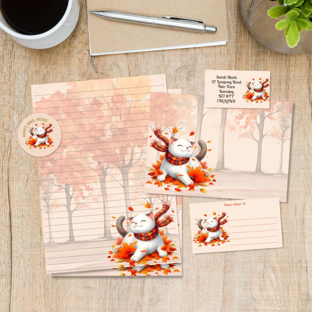Cat in Fall Matching Penpal / Snail Mail Letter Kit, A5 Writing Paper ...