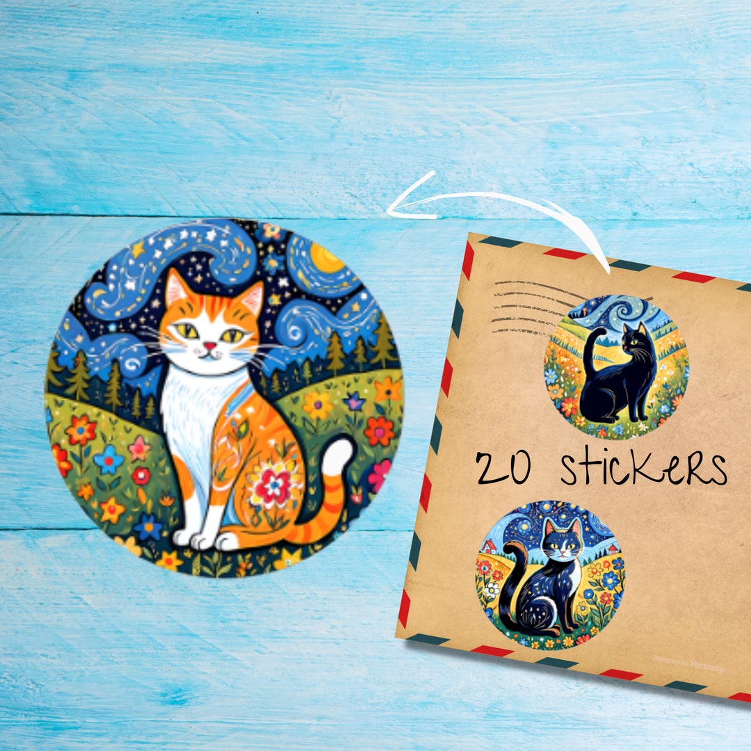 Starry Night Cats Stickers Pack, Cute Individually Cut Round Matte ...