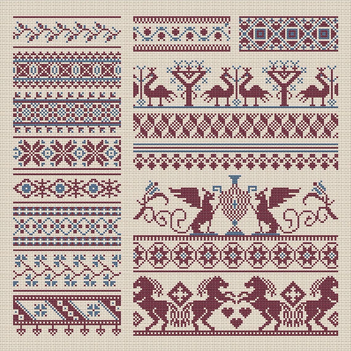 Antique Sampler/ Borders Cross Stitch Pattern/ 15 Decorative Borders ...