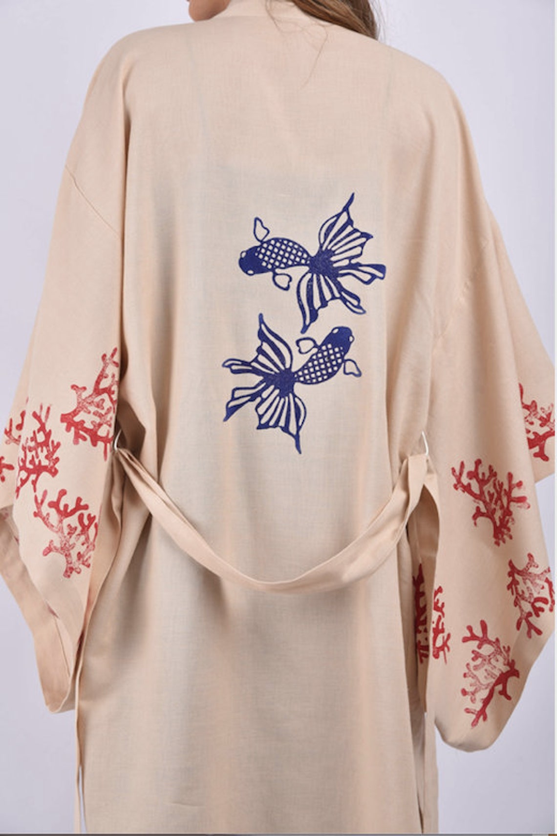 Handcraft Block Print Ethnic Koi Fish Kimono / Kimono Dress / Tunic ...