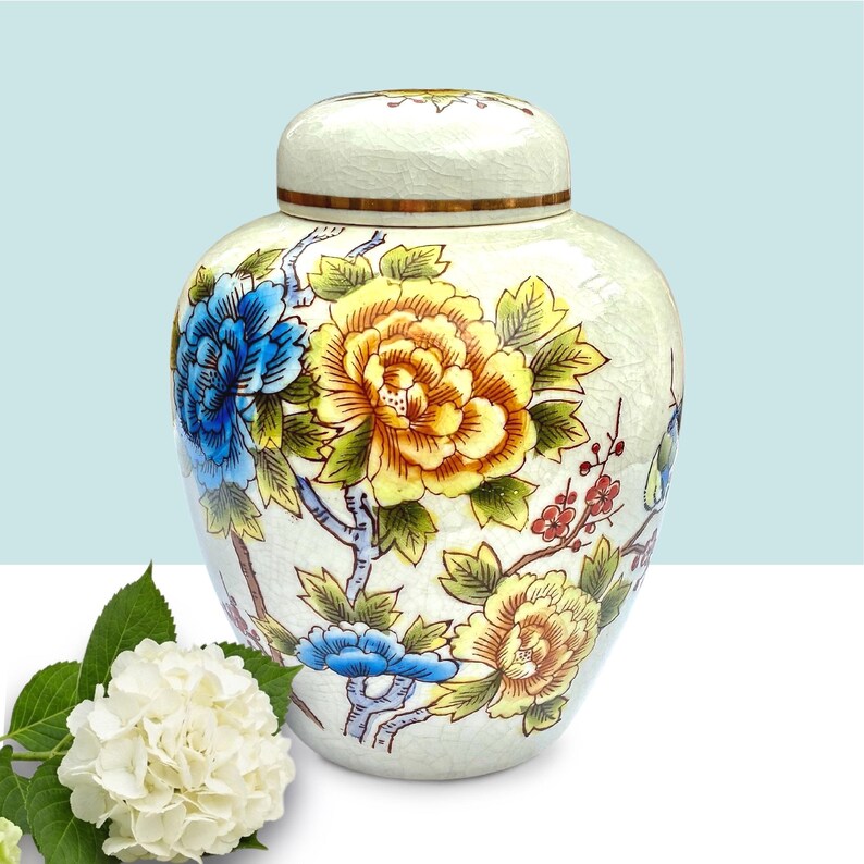 Peony Ginger Jar With Double Lid, Crackle Glaze, Floral Chinoiserie - Etsy