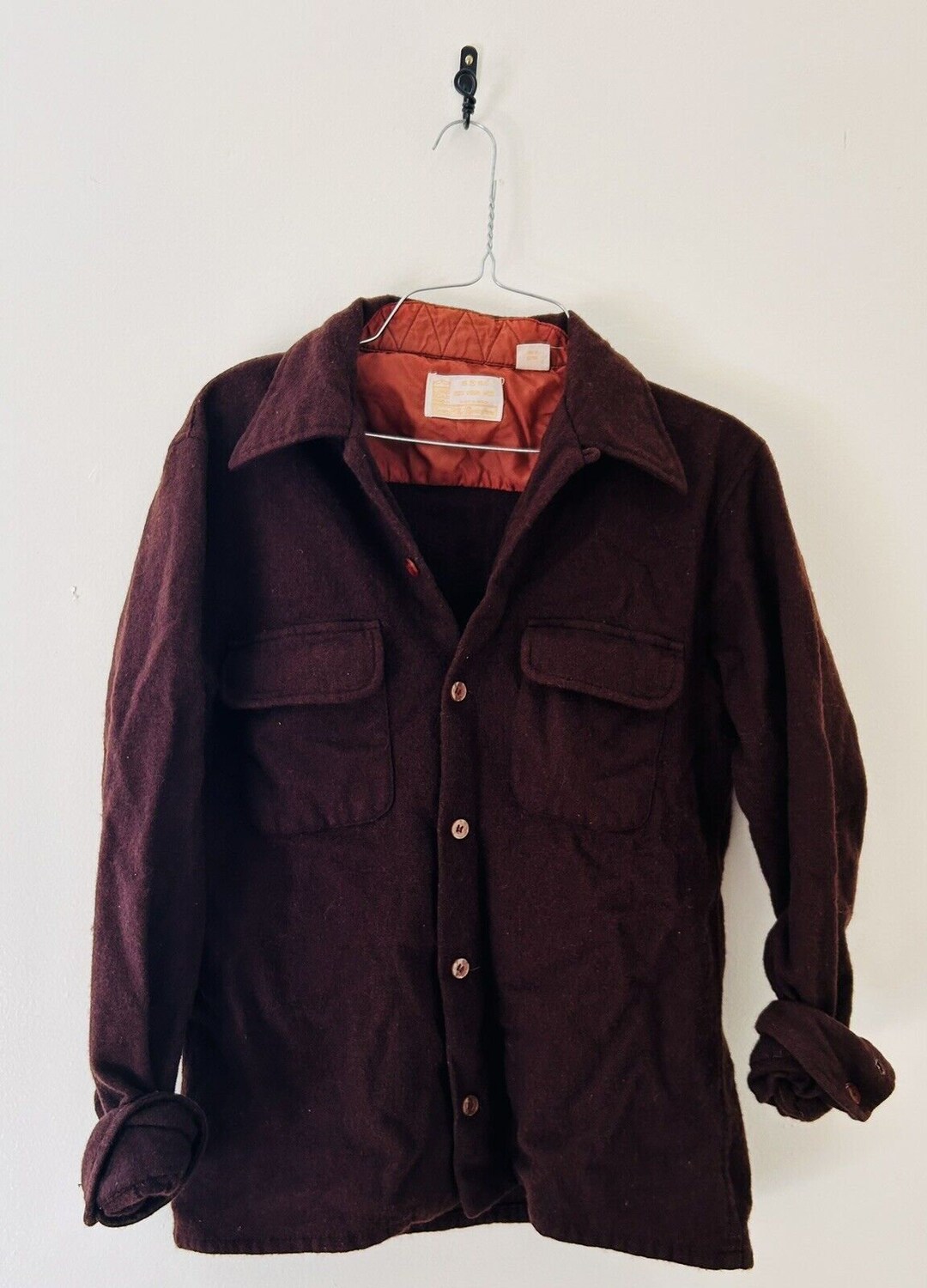 Vintage 1960-70s Sears Kings Road Wool Plaid Flannel Shirt Loop Collar ...