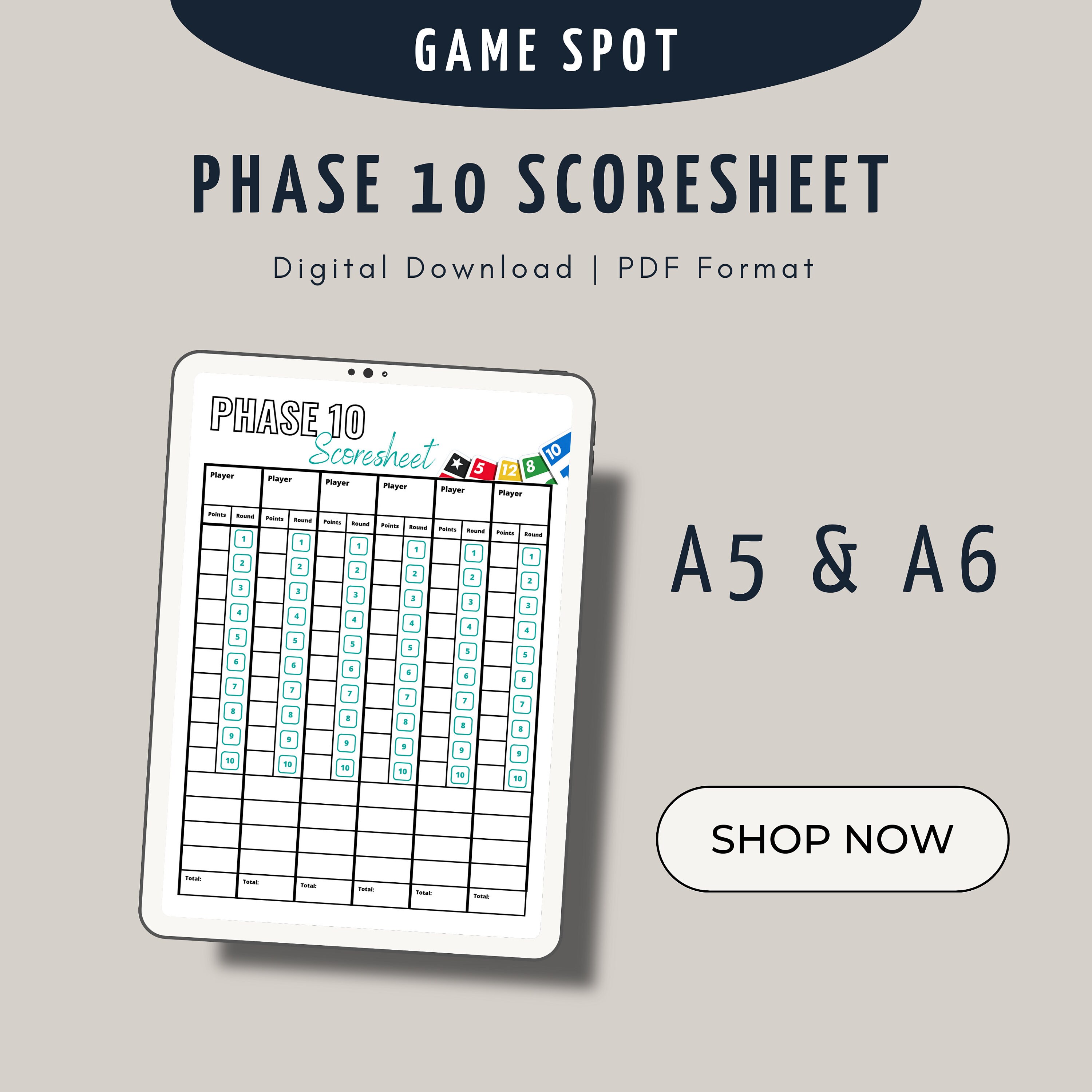 GAME SHEETS, A5 and A6 Phase 10 Downloadable Score Sheet for Family ...