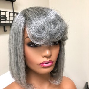 Connie, Feathered Bumped Bob Wig, 100% Remy Hair Wig, Silver / Gray ...