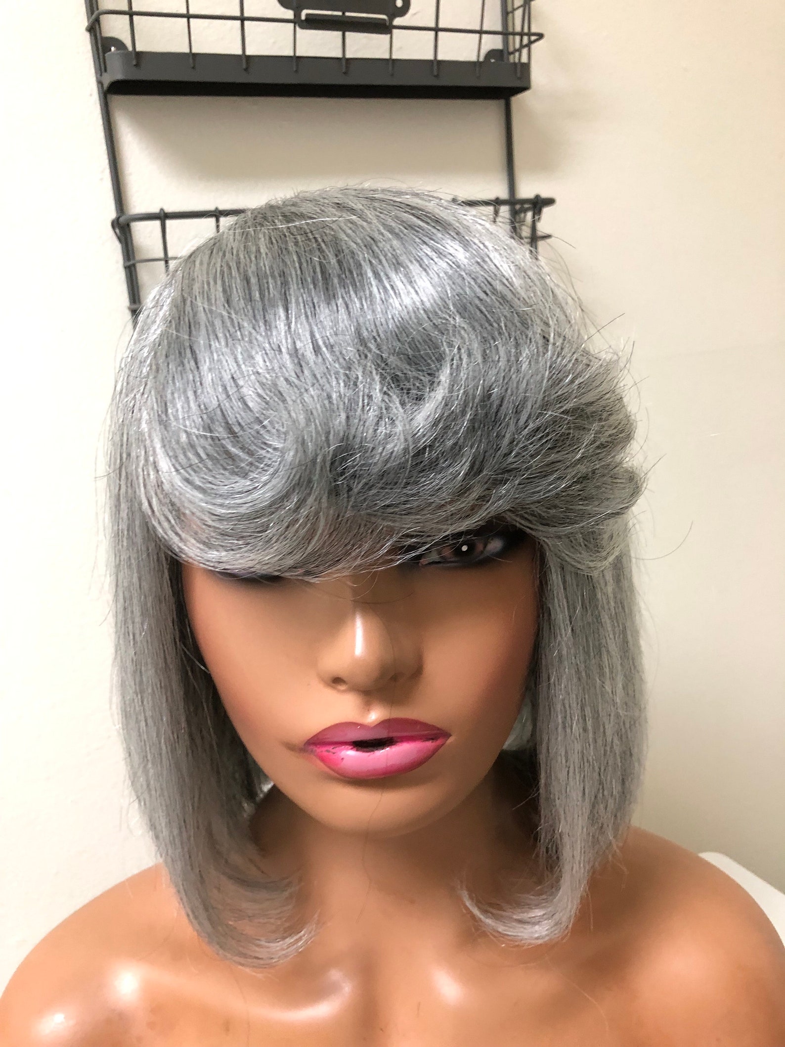 Connie, Feathered Bumped Bob Wig, 100% Remy Hair Wig, Silver / Gray ...