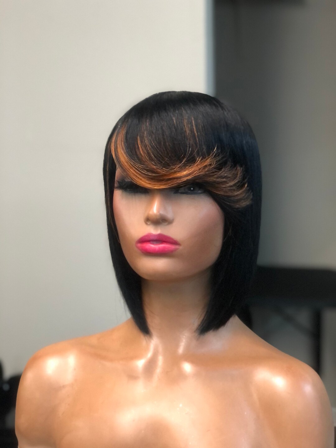 Lisa, Feathered Bumped Bob Wig, 100% Human Hair Wig, Black Hair With ...