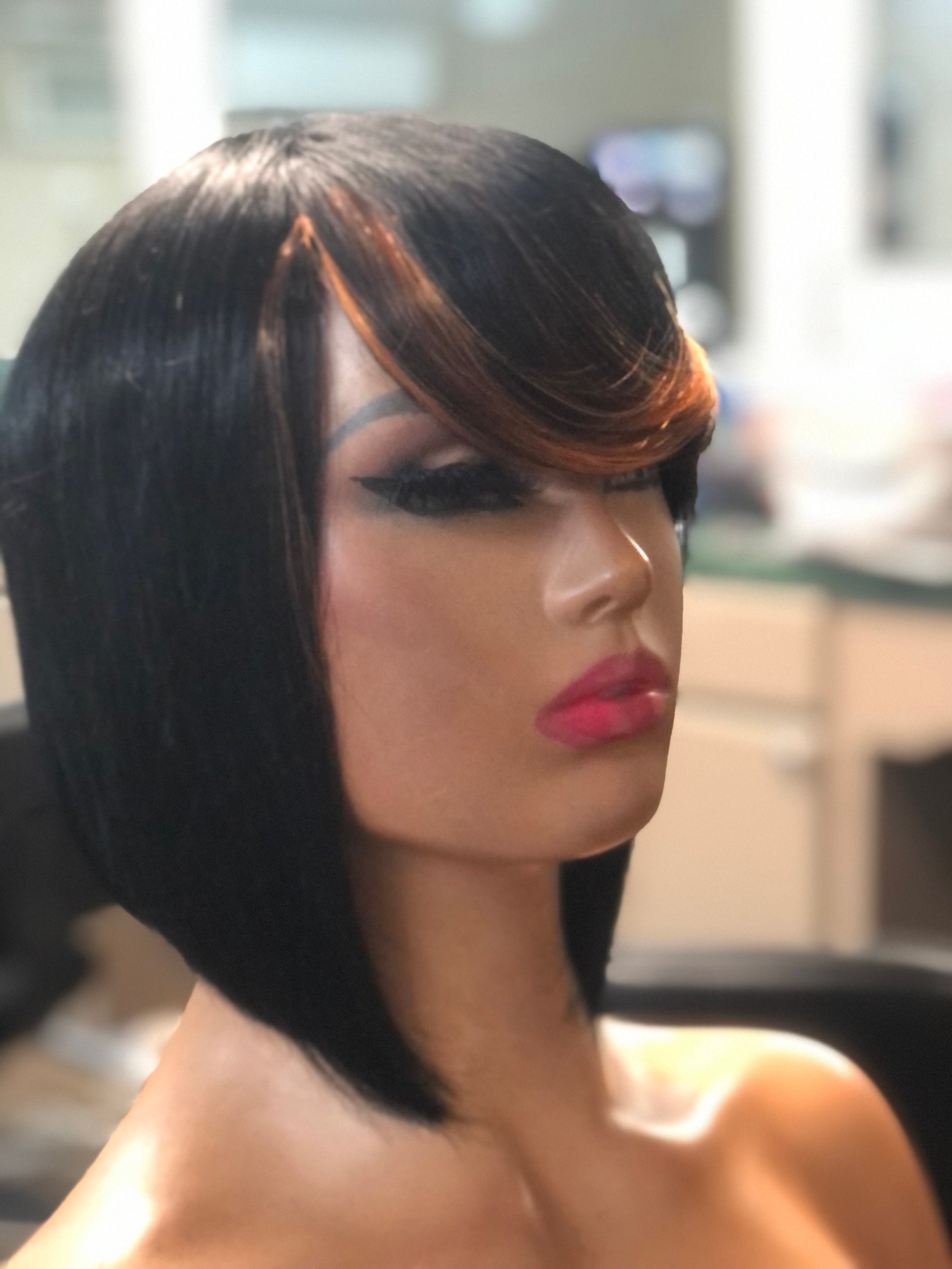Lisa, Feathered Bumped Bob Wig, 100% Human Hair Wig, Black Hair With ...