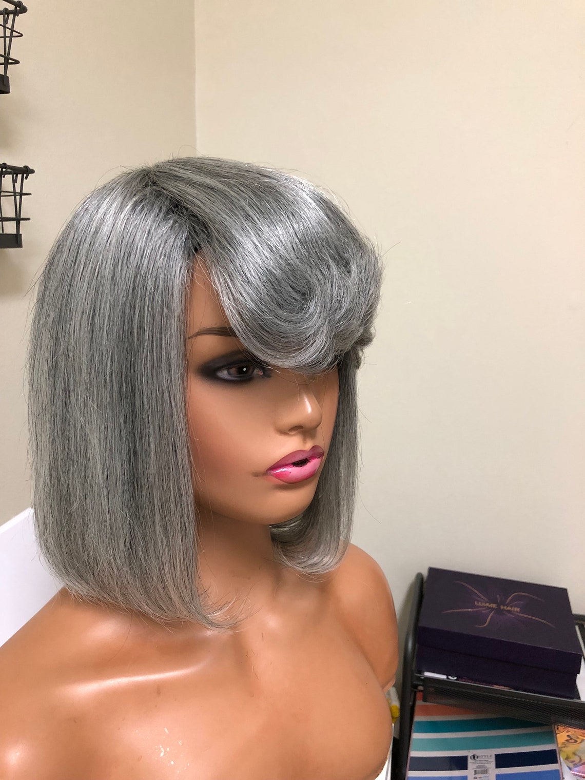 Connie, Feathered Bumped Bob Wig, 100% Remy Hair Wig, Silver / Gray ...