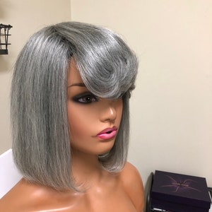 Connie, Feathered Bumped Bob Wig, 100% Remy Hair Wig, Silver / Gray ...