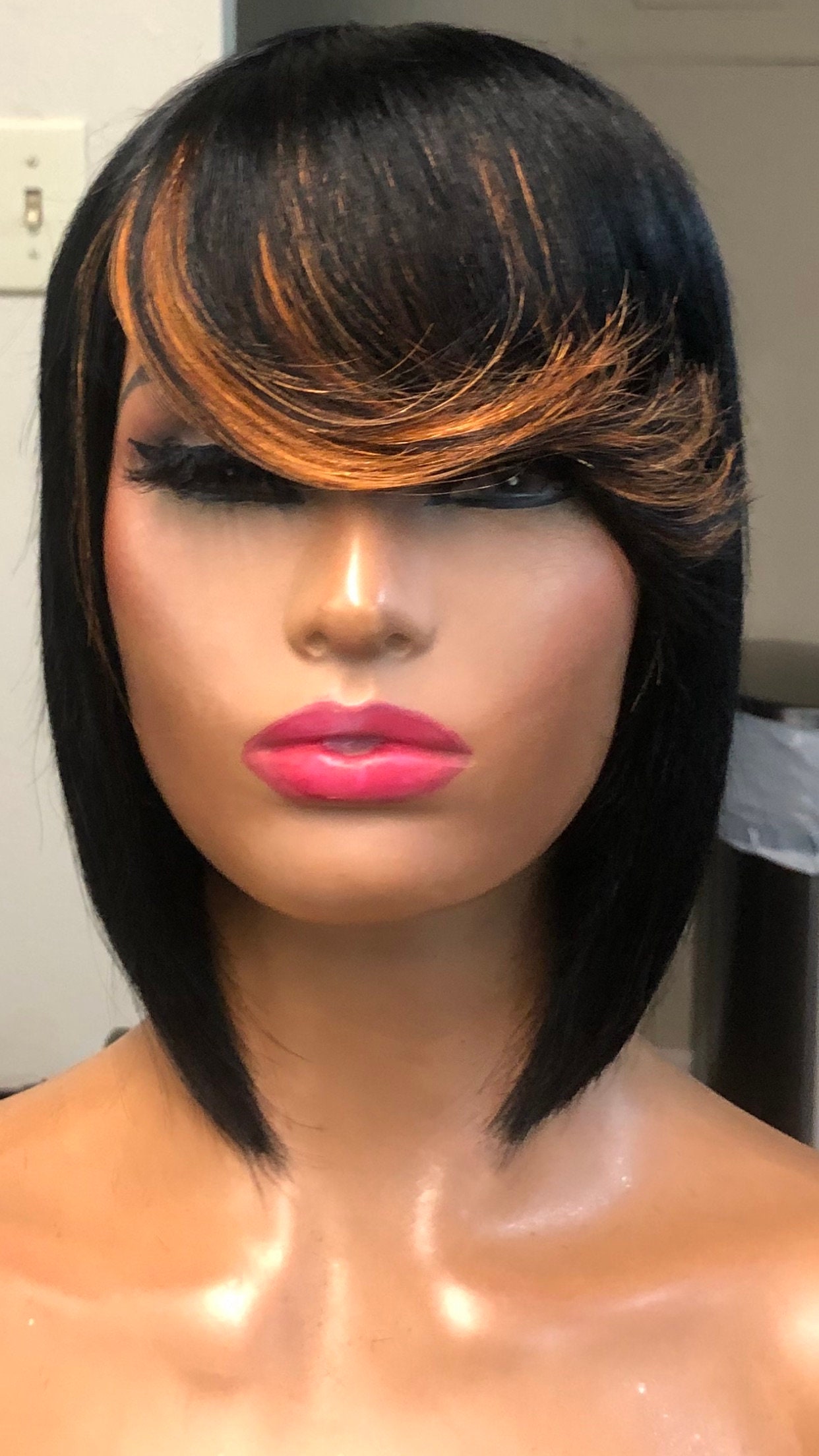Lisa, Feathered Bumped Bob Wig, 100% Human Hair Wig, Black Hair With ...