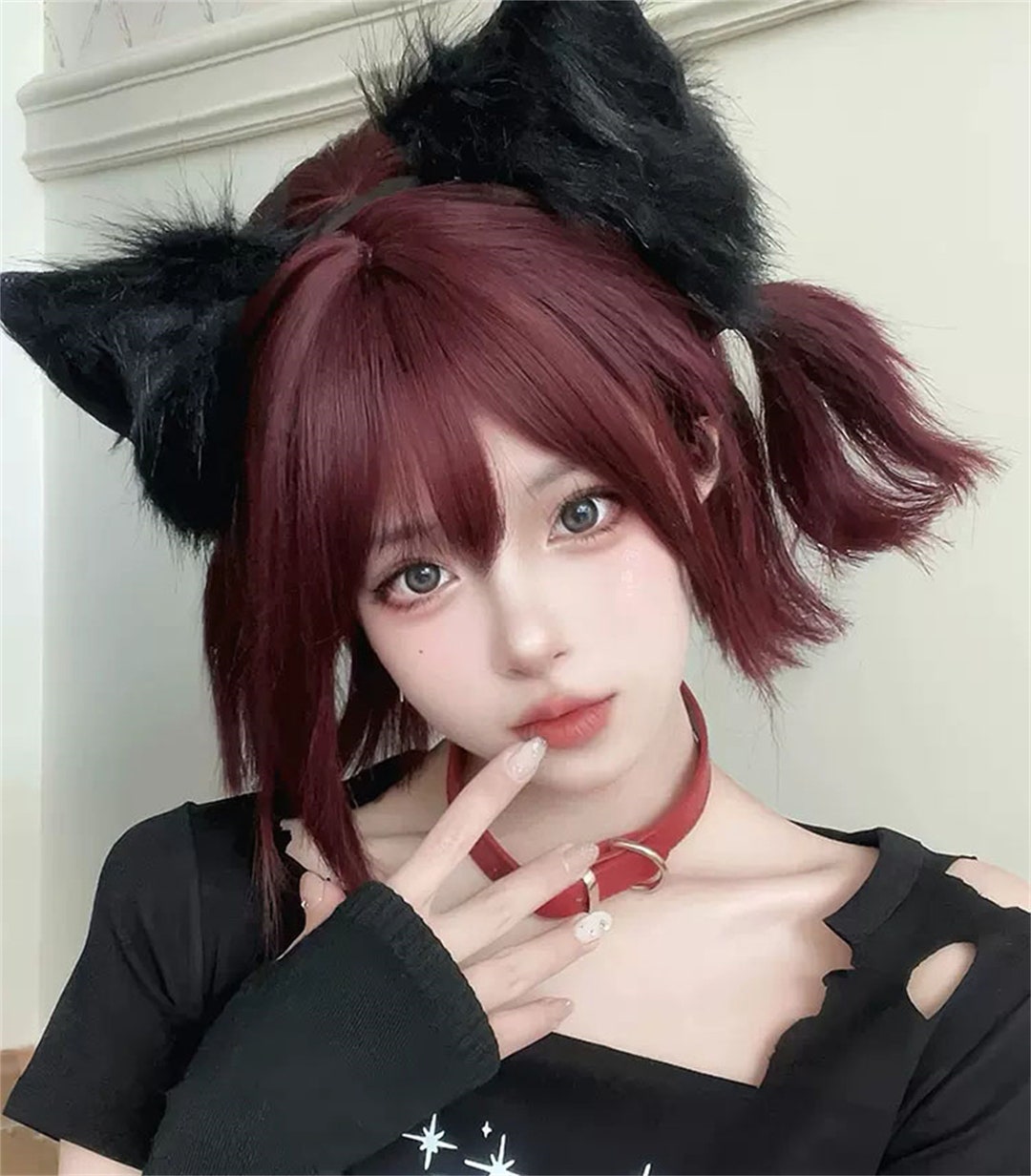 Y2K Wine Red Short Wig With Bangs, Playful Dark Red Short Curly Wig ...
