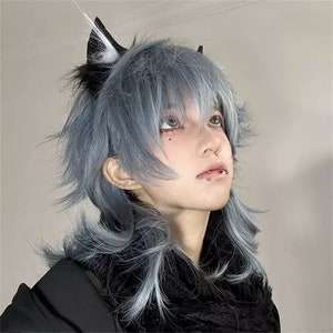 Ice Blue Mullet Wig With Bangs, Light Blue Irregular Length Wig, Men's ...