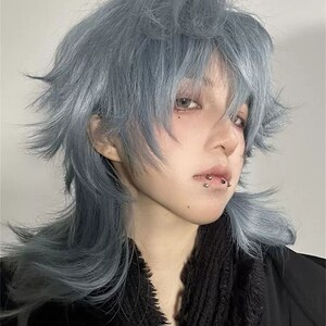 Ice Blue Mullet Wig With Bangs, Light Blue Irregular Length Wig, Men's ...