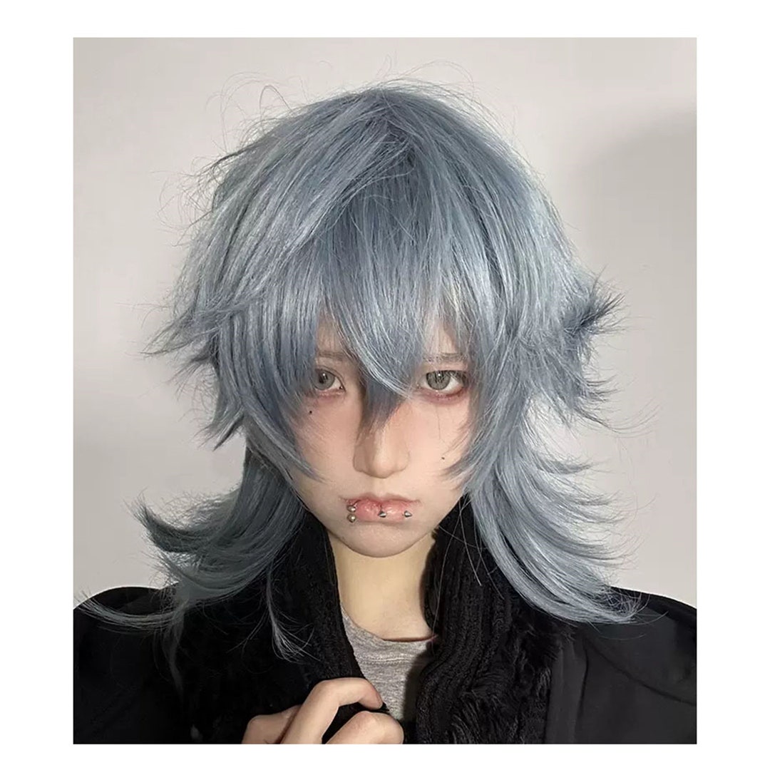 Ice Blue Mullet Wig With Bangs, Light Blue Irregular Length Wig, Men's ...