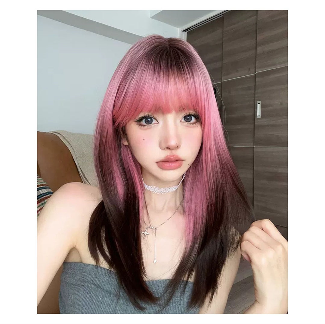 Y2K Black Pink Long Straight Wig With Bangs, Sweet Black Pink Clavicle ...
