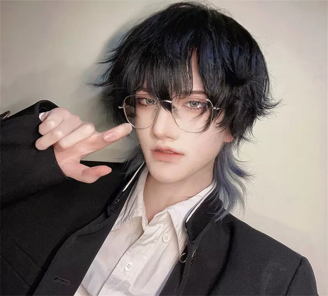 Cool Black Brown With Blue Mullet Wig, Black Brown Irregular Fluffy ...