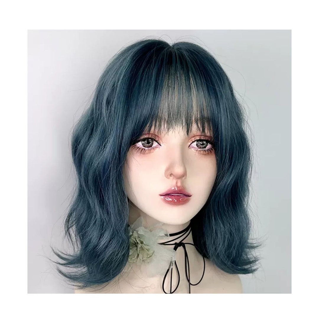 Dark Blue Short Curly Wig, Ashy Blue Fluffy Short Curly Wig With Bangs ...