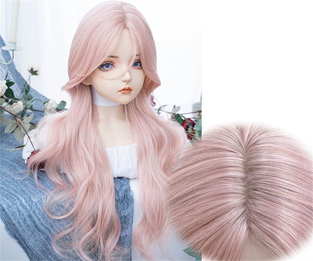 Front Lace Cherry Blossom Pink Wave Curly Wig, Light Pink Long Wave ...