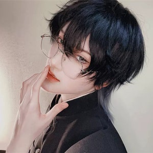 Cool Black Brown With Blue Mullet Wig, Black Brown Irregular Fluffy ...