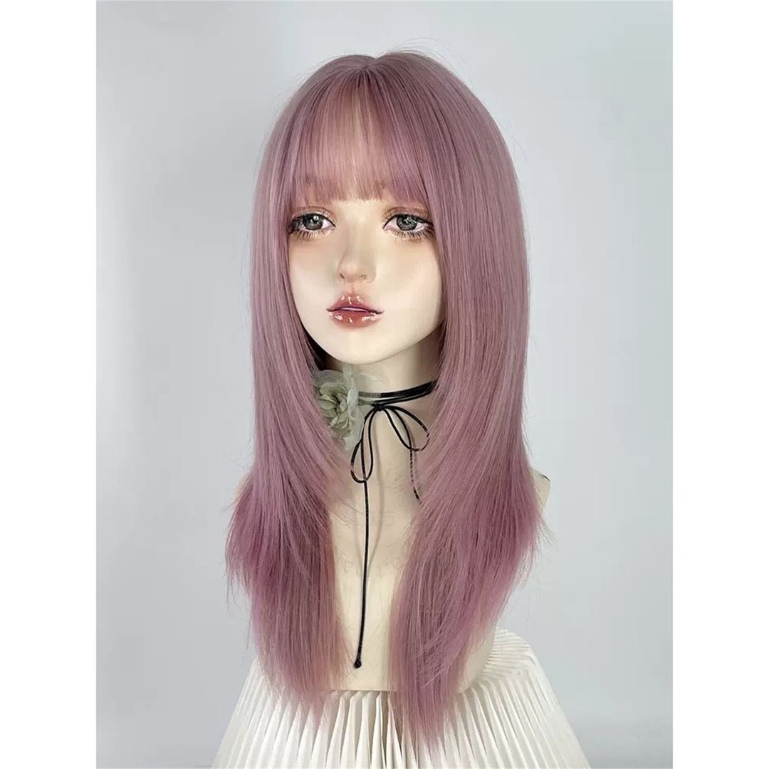Y2K Pink Purple Long Straight Wig With Bangs Sweet Pink - Etsy