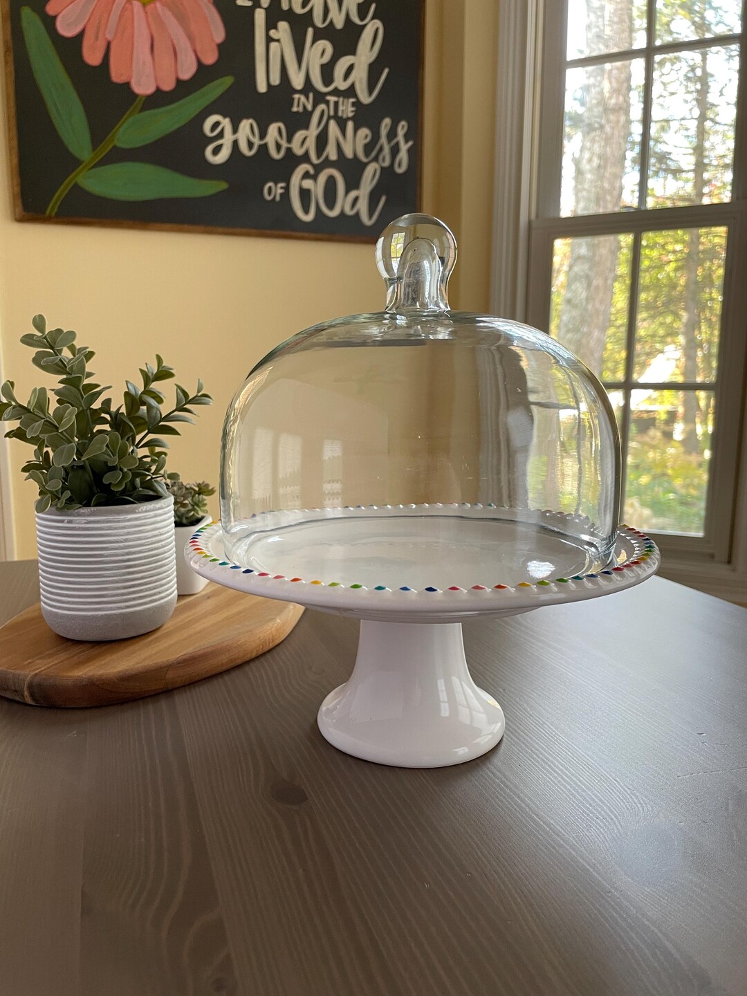 MINI CAKE STAND Rainbow Polka Dot Ceramic Cake Serving Platter W/ Dome ...