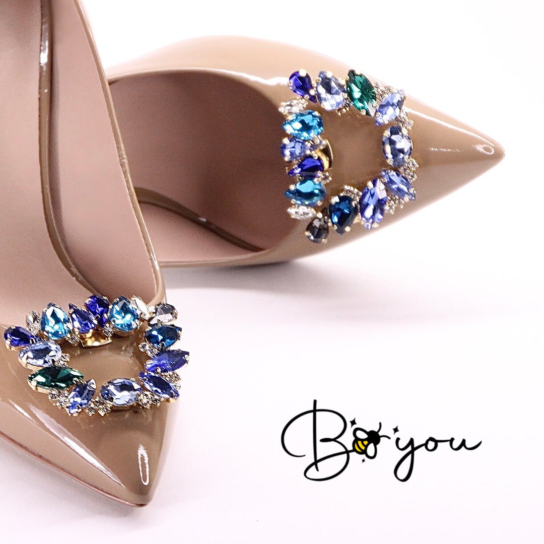 Blue Shoe Clips Gold Jewelry Decoration Unique Elegant Clear Crystal ...