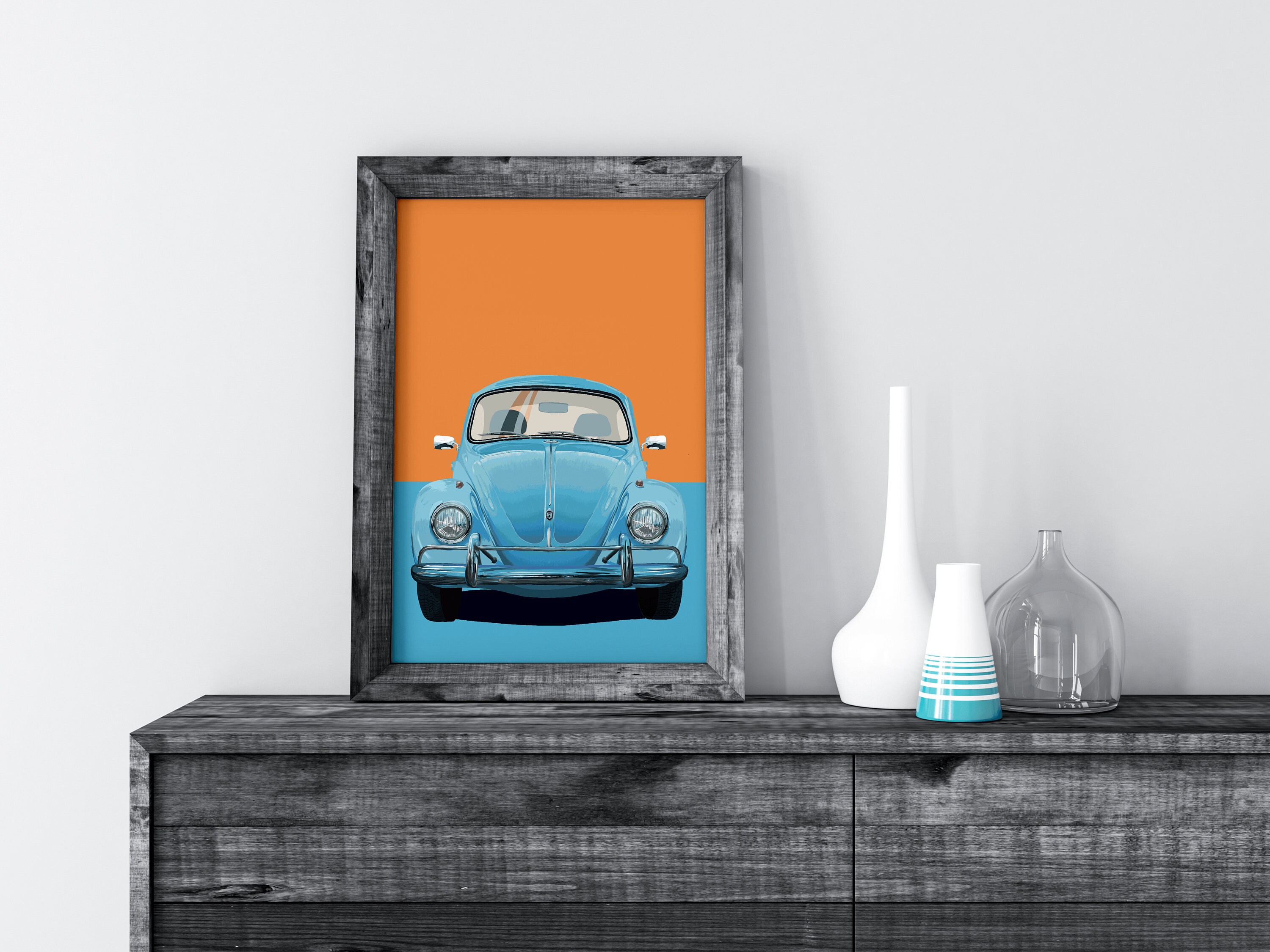 VW Beetle Art - Illustration of the Classic VW Bug Beetle - Gulf Blue ...