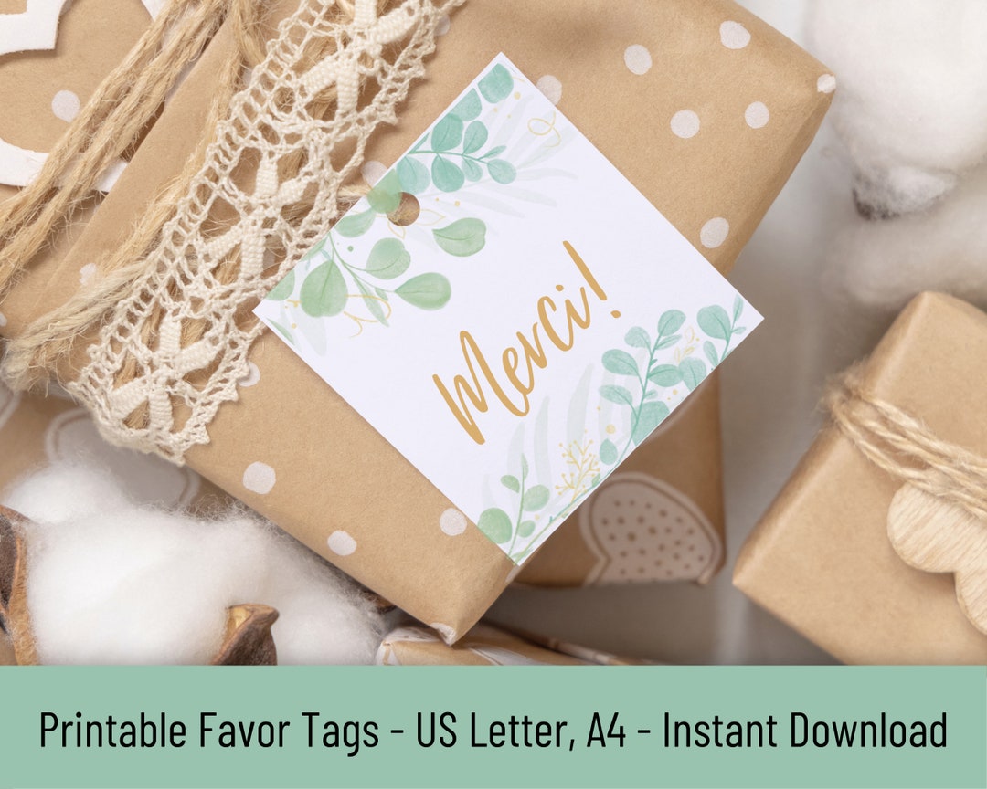 Eucalyptus Favor Tags, Printable Merci Favor Tags, Wedding Gift Tag ...