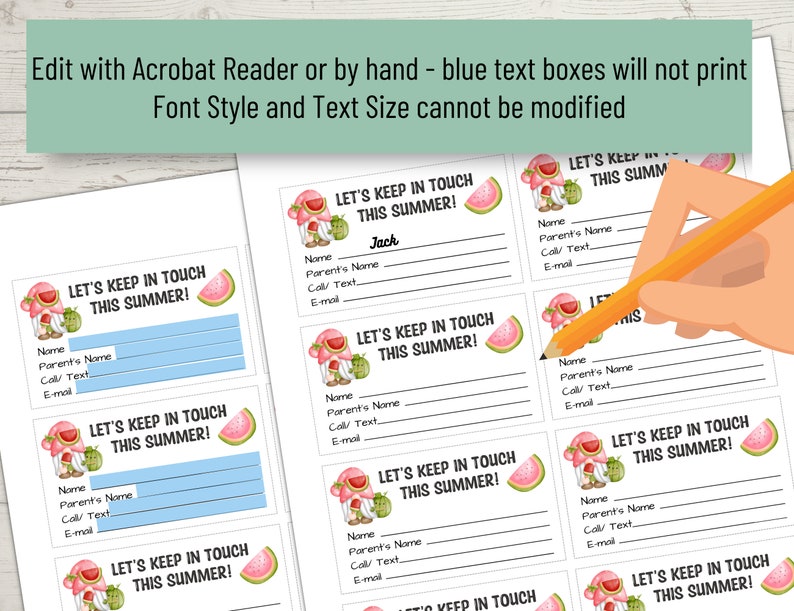 Editable Summer Contact Card, Printable Contact Card for Kids, Keep in ...