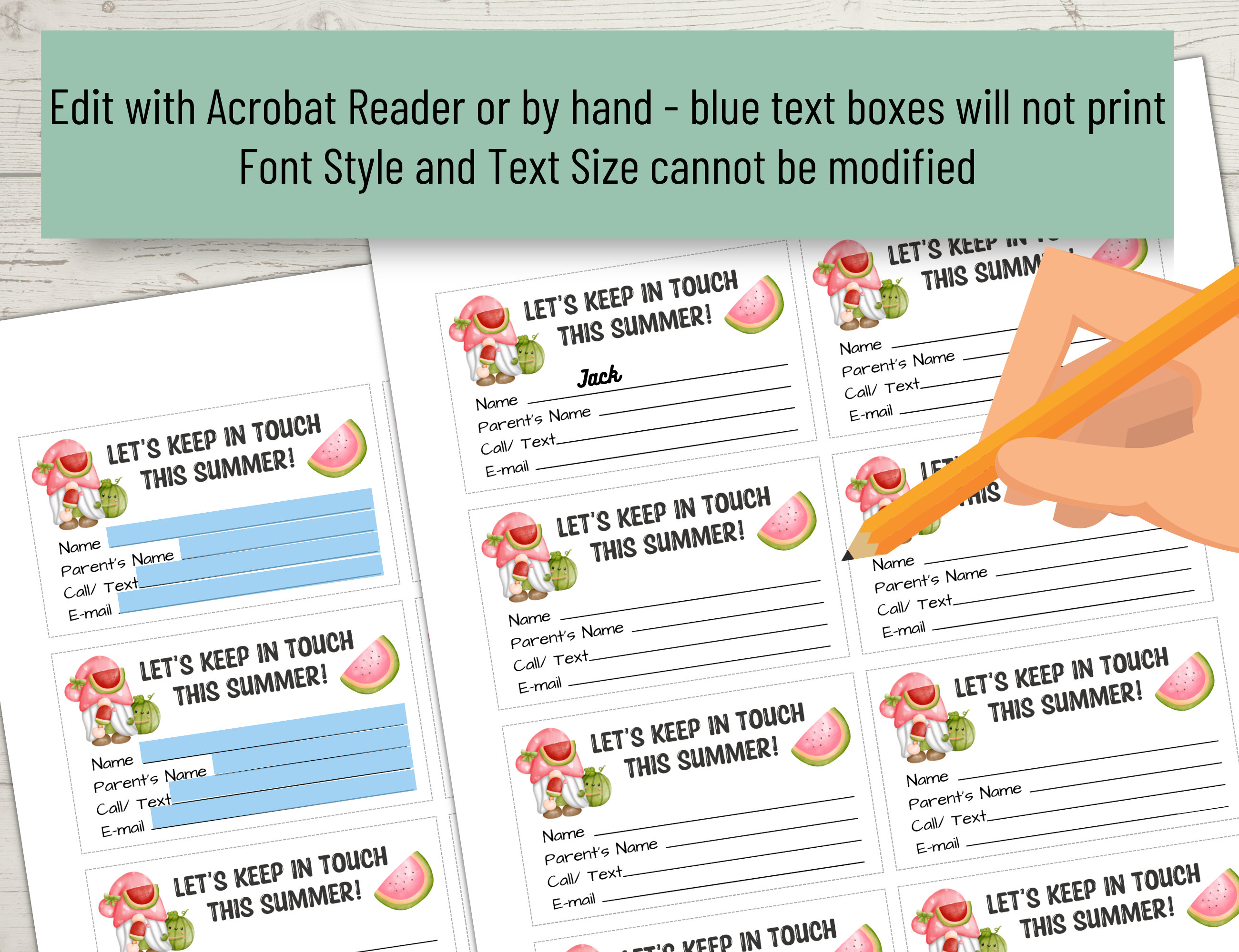 Editable Summer Contact Card, Printable Contact Card for Kids, Keep in ...