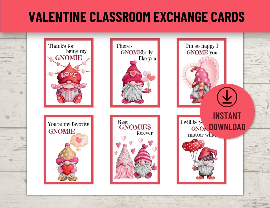 Gnome Valentine Classroom Exchange Cards, Printable Valentine Classroom ...
