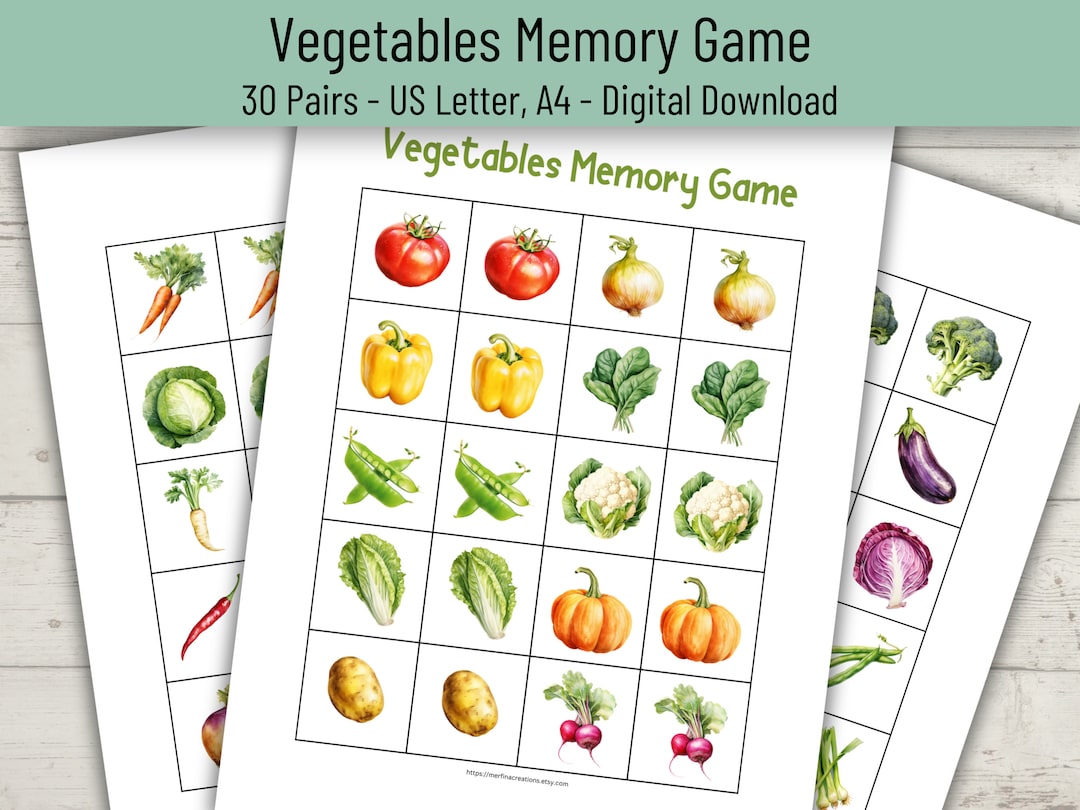 Vegetables Matching Game for Kids, Vegetables Printable Memory Game ...