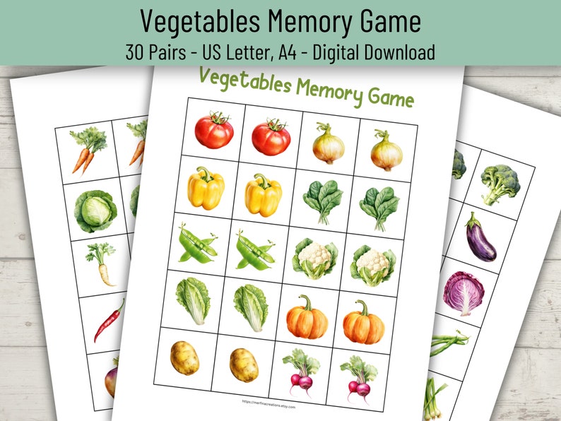 Vegetables Matching Game for Kids, Vegetables Printable Memory Game ...